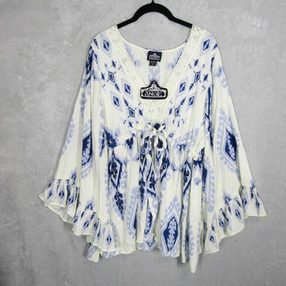 Angie | Tops | Angie Boho Top Womens X Blue White Ikat Bell Sleeve ...